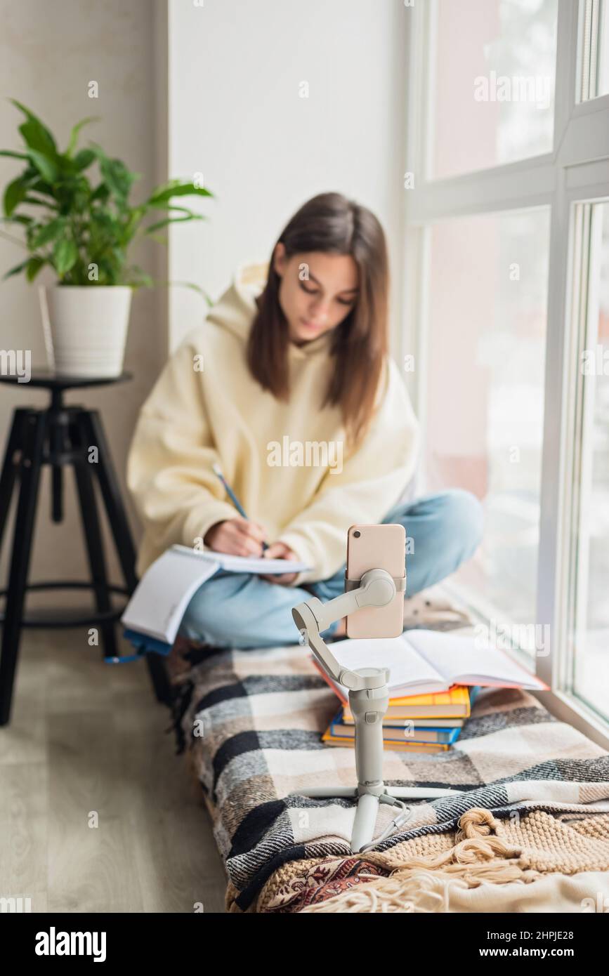 Teen school girl distant school or college student virtual remote e ...