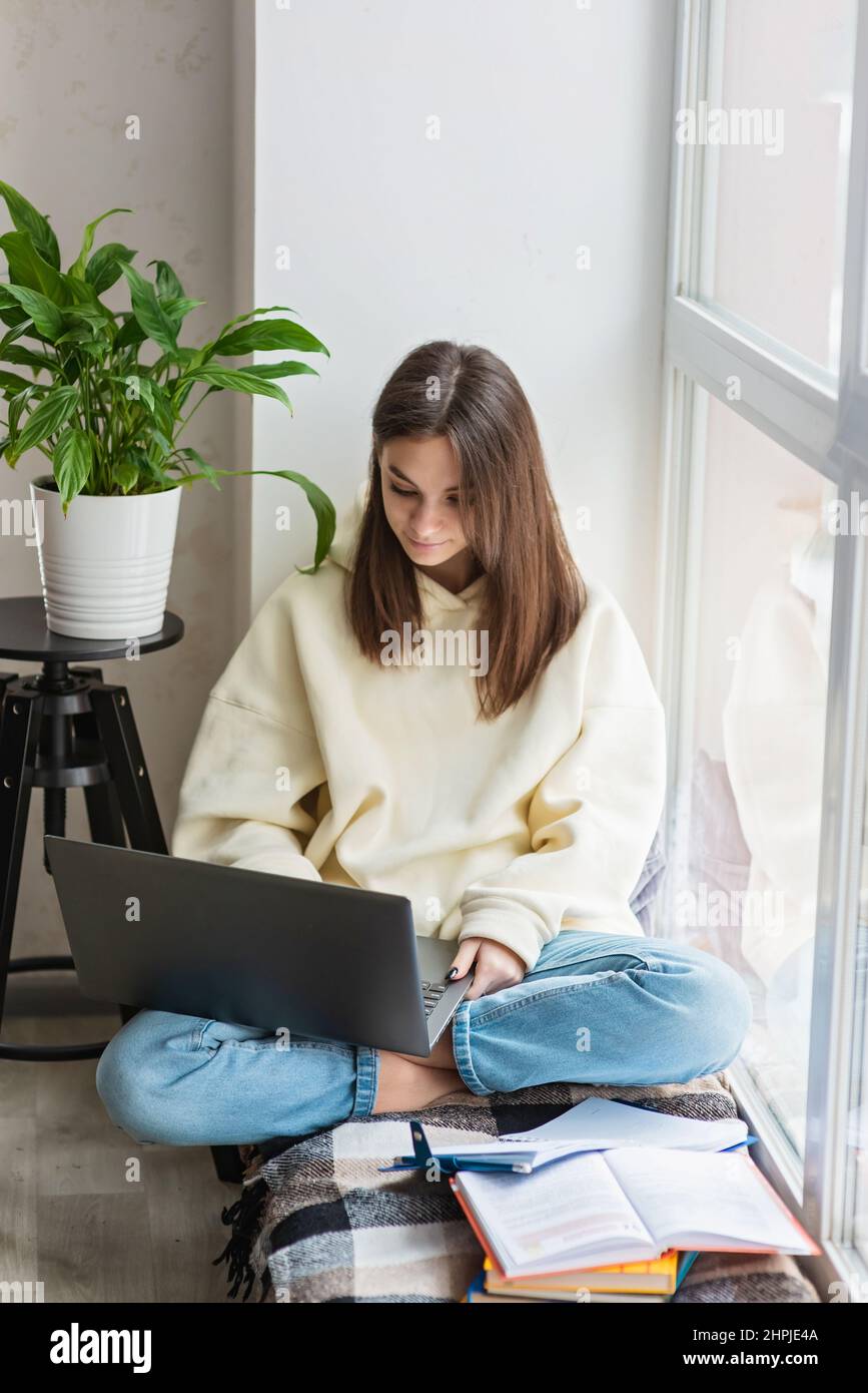 Teenager school-girl pupil distance learning online at remote virtual ...