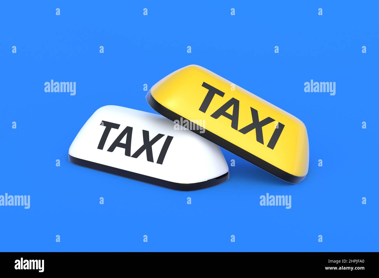 Yellow and white taxi signs on blue background. Simple employment, work ...