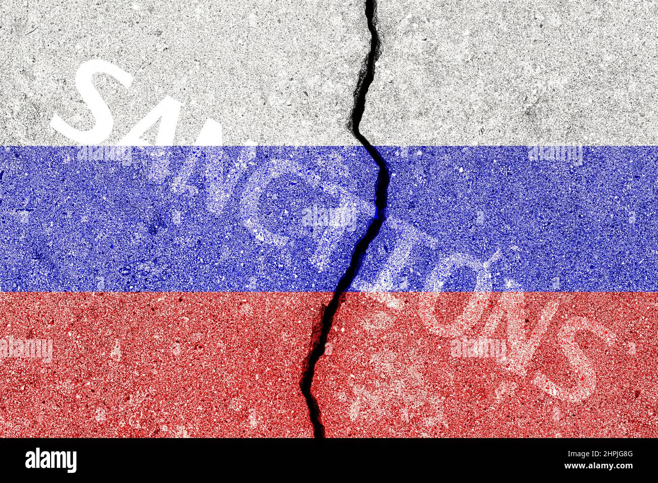 The flag of the Russian Federation on a cracked concrete wall with the ...