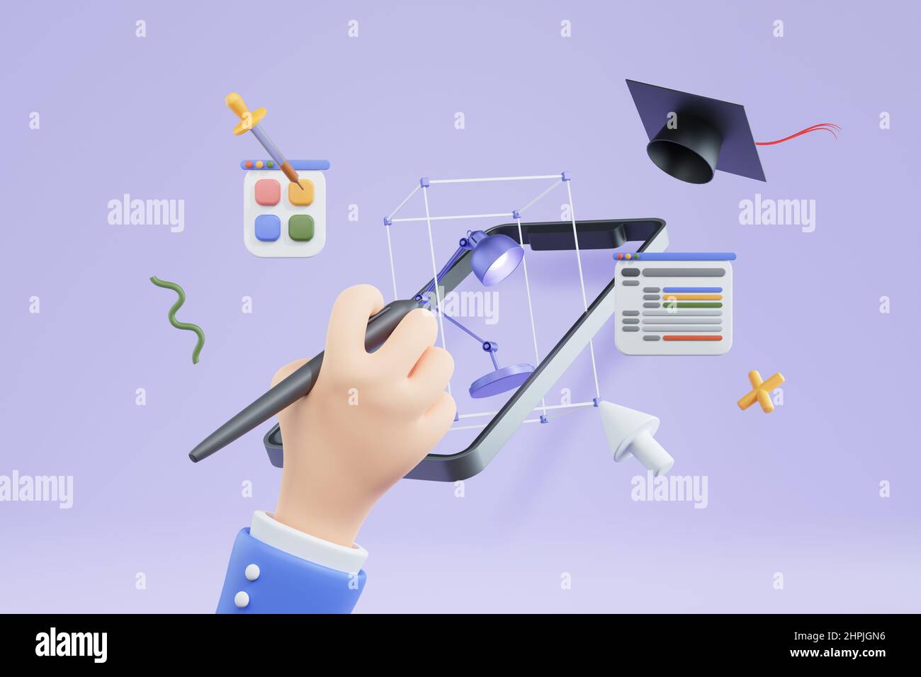 3D rendered graphic hand motion on mobile services, attending online ...