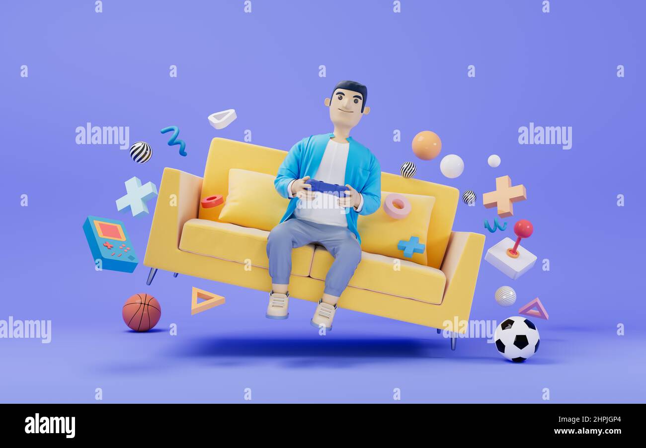 A cartoon man playing game in sofa, 3d rendering. Computer digital ...