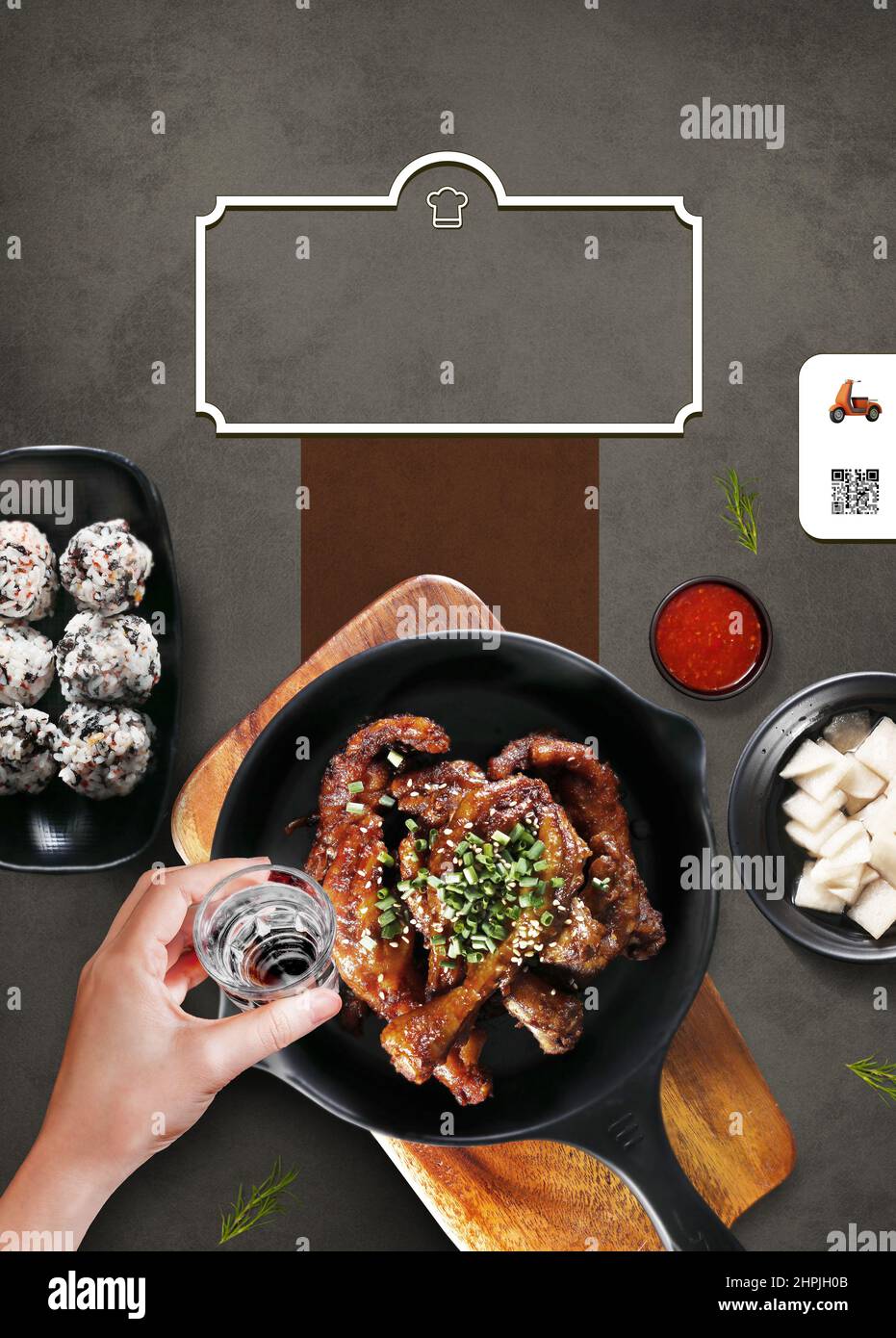 Korean spicy chicken feet, rice ball and soju Stock Photo - Alamy