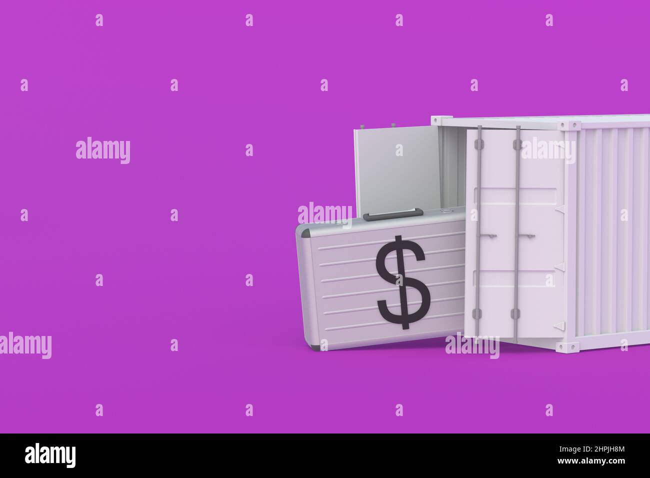 Suitcase with symbol of dollar near freight container. Large ...