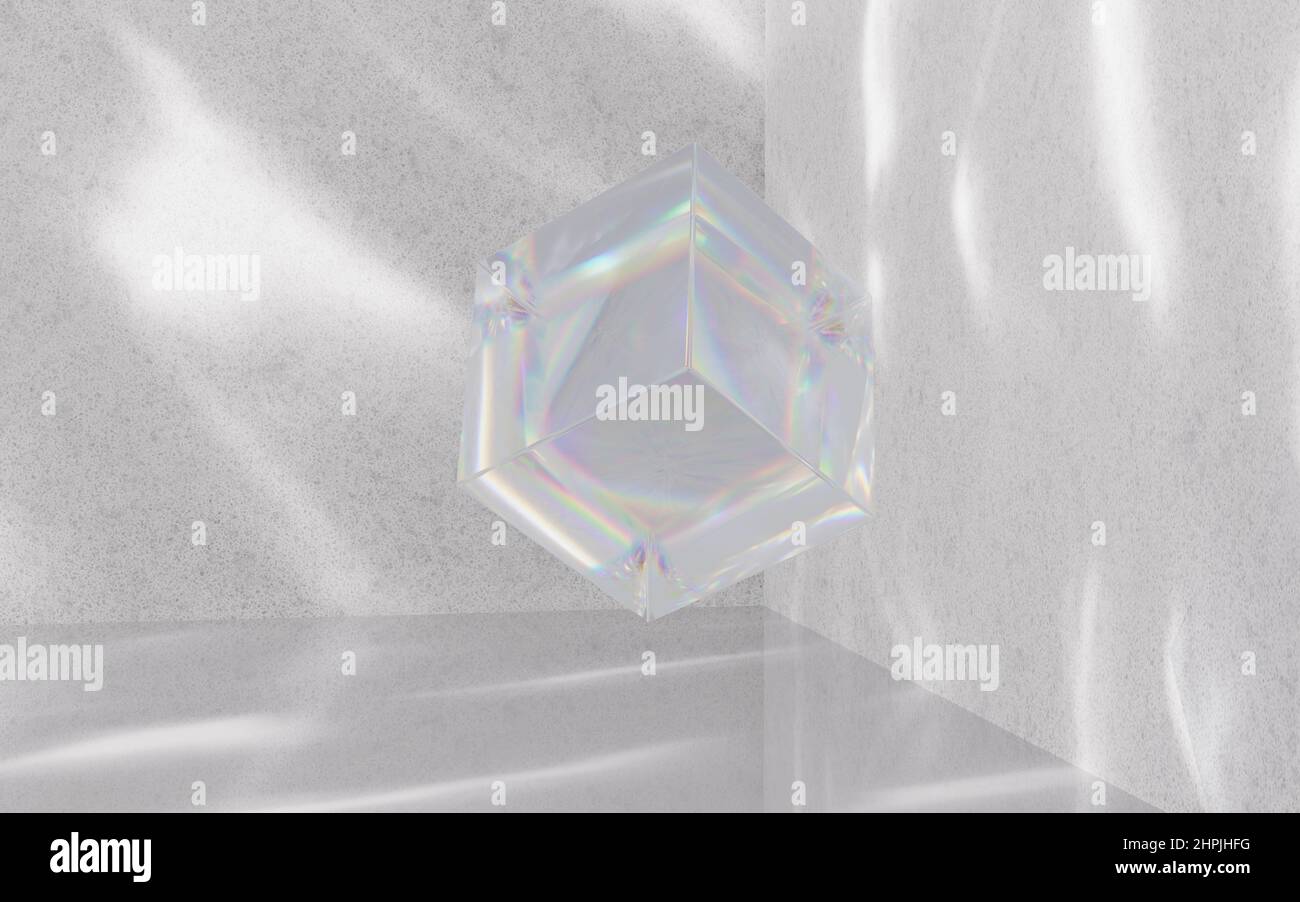 Glass cube with light and shadow background, 3d rendering. Computer ...