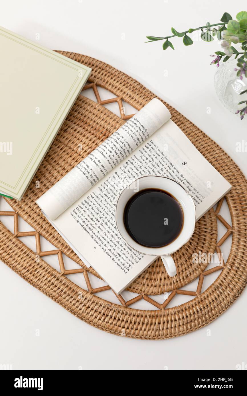 relax cozy objects and background with reading, coffee Stock Photo - Alamy