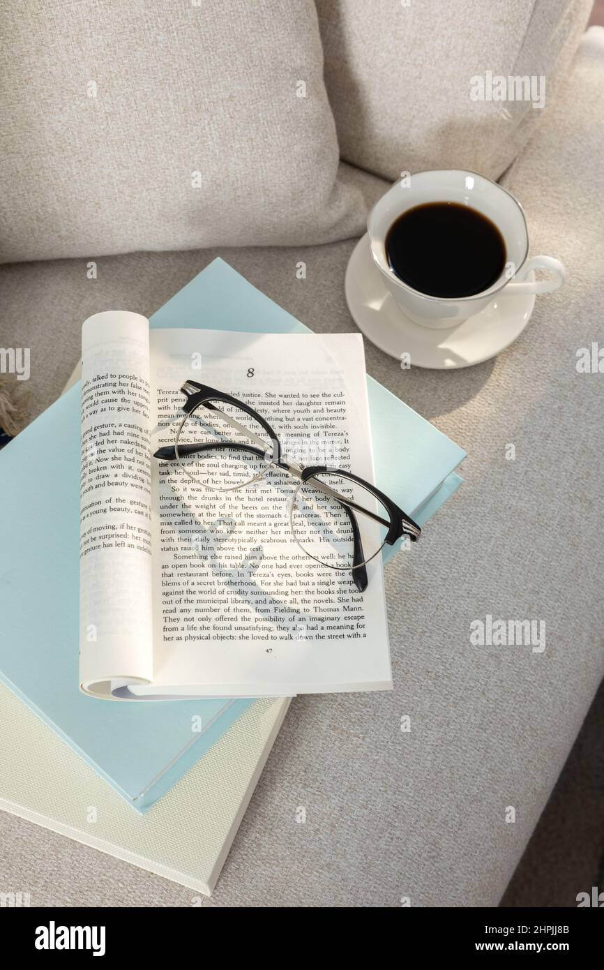 relax cozy objects and background with sofa,cushion, a book, glasses ...