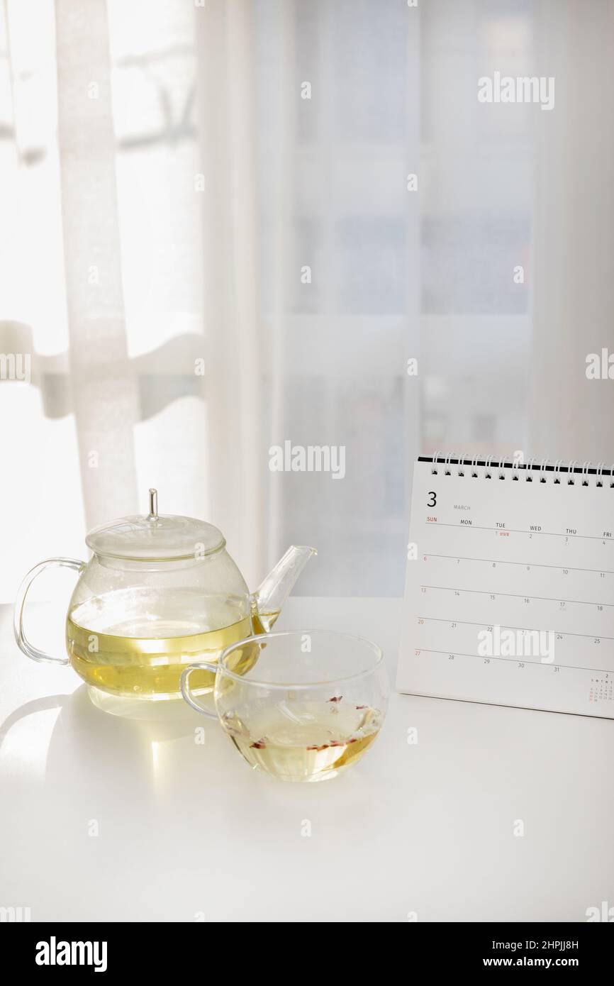 relax cozy objects and background with tea and calendar, curtains Stock ...