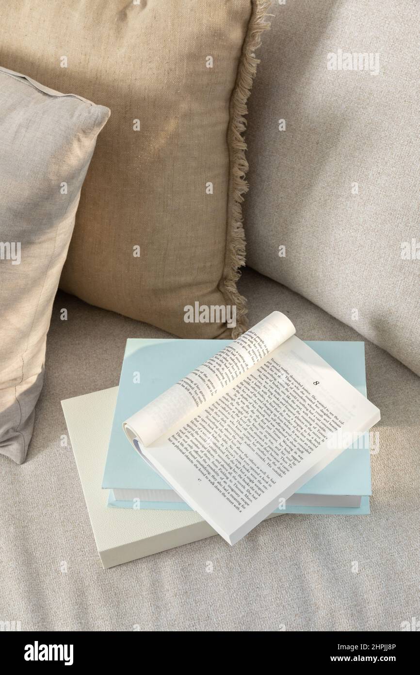 relax cozy objects and background with sofa,cushion, a book Stock Photo ...