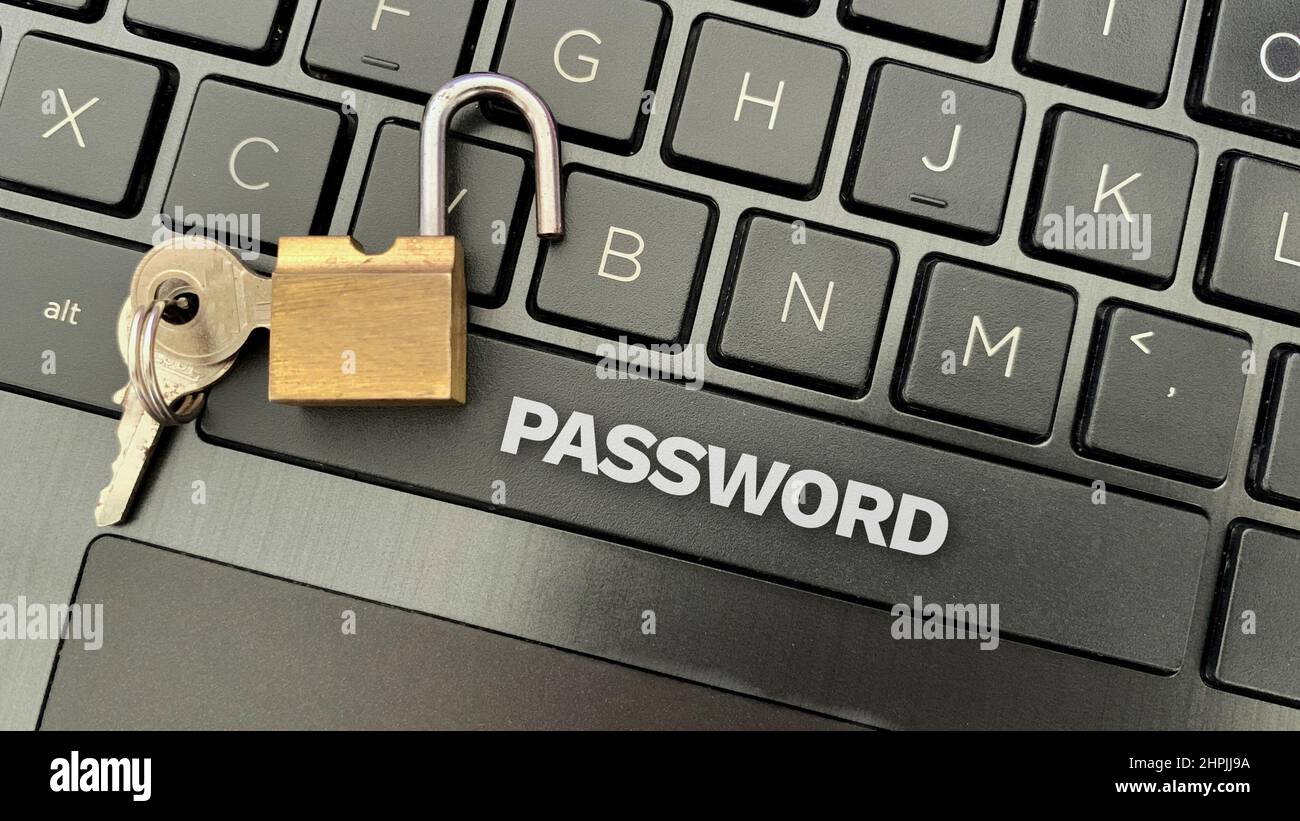 Top view of word - Password on laptop with padlock background Stock ...