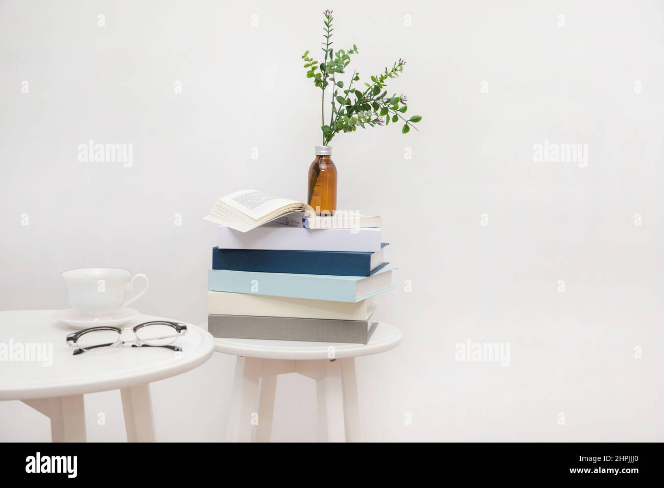relax cozy objects and background with coffee, glasses, chair, diffuser ...
