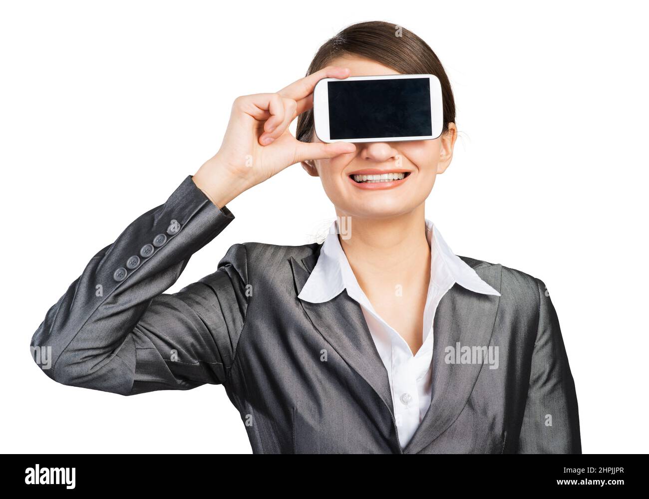 Woman covering her eyes with smartphone Stock Photo - Alamy