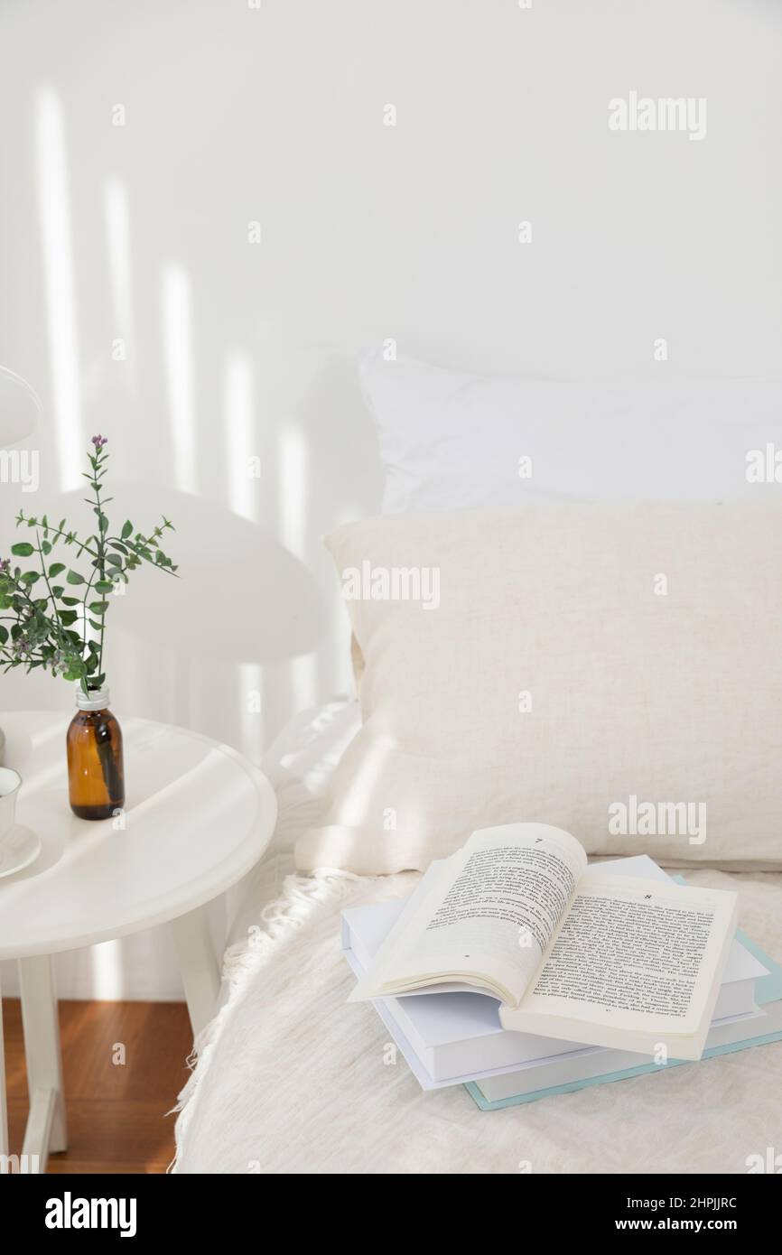relax cozy objects and background with bedding, diffuser, lights Stock ...