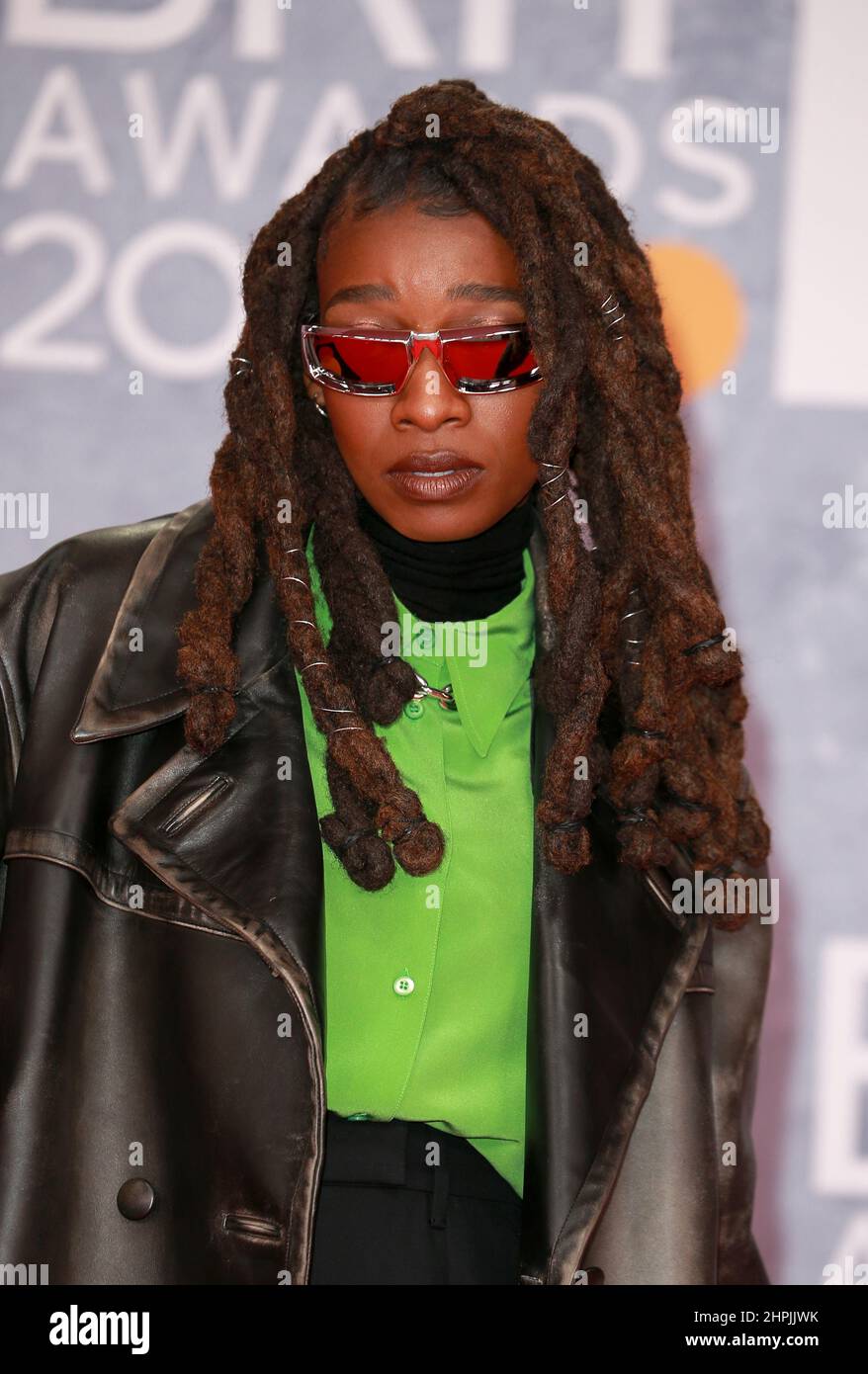 Little Simz arrives at The BRIT Awards 2022 at The O2 Arena on February ...