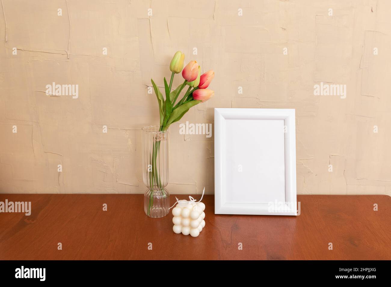 relax cozy objects and background with frame and vase, flower, candle ...