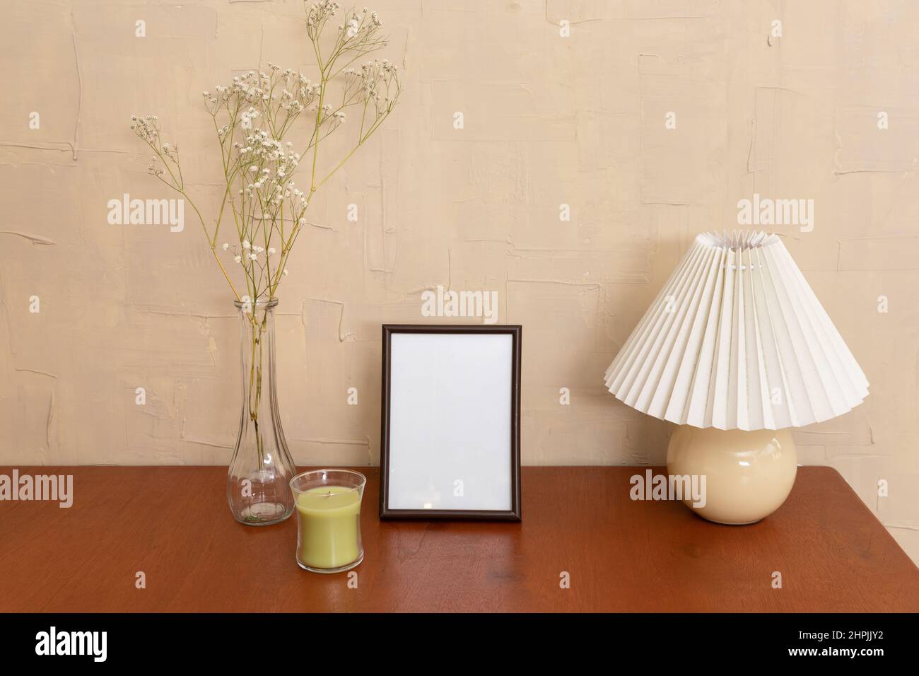 relax cozy objects and background with frame and vase, candle, lights ...