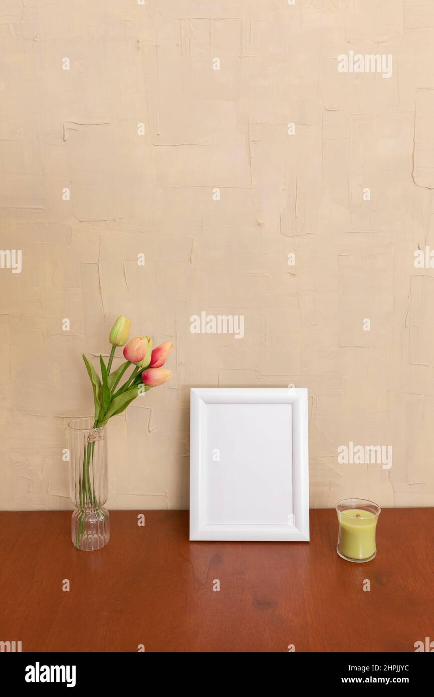 relax cozy objects and background with frame and vase, flower, candle ...