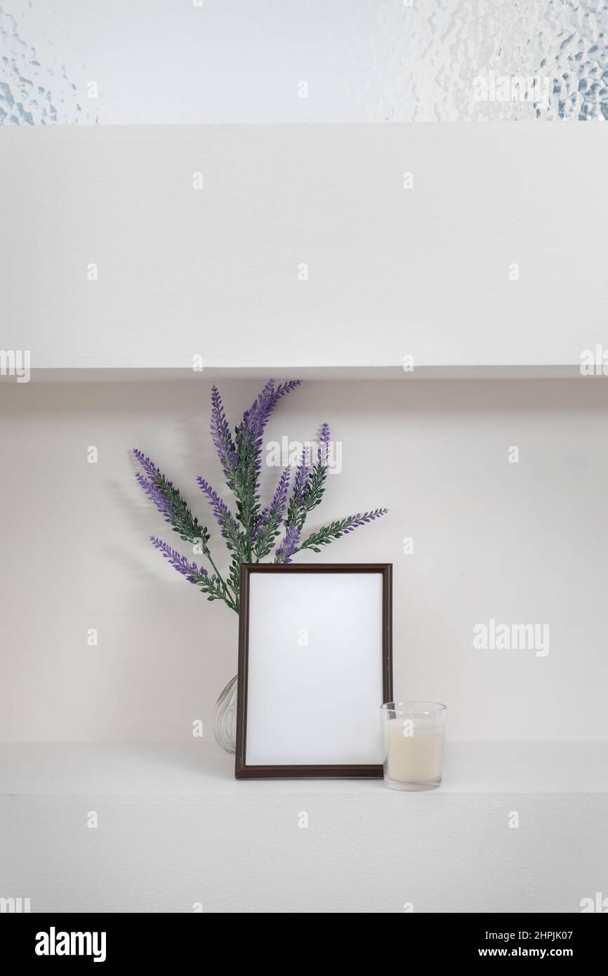 relax cozy objects and background with frame, candle Stock Photo - Alamy