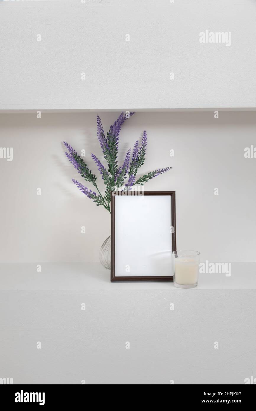 relax cozy objects and background with frame, candle Stock Photo - Alamy