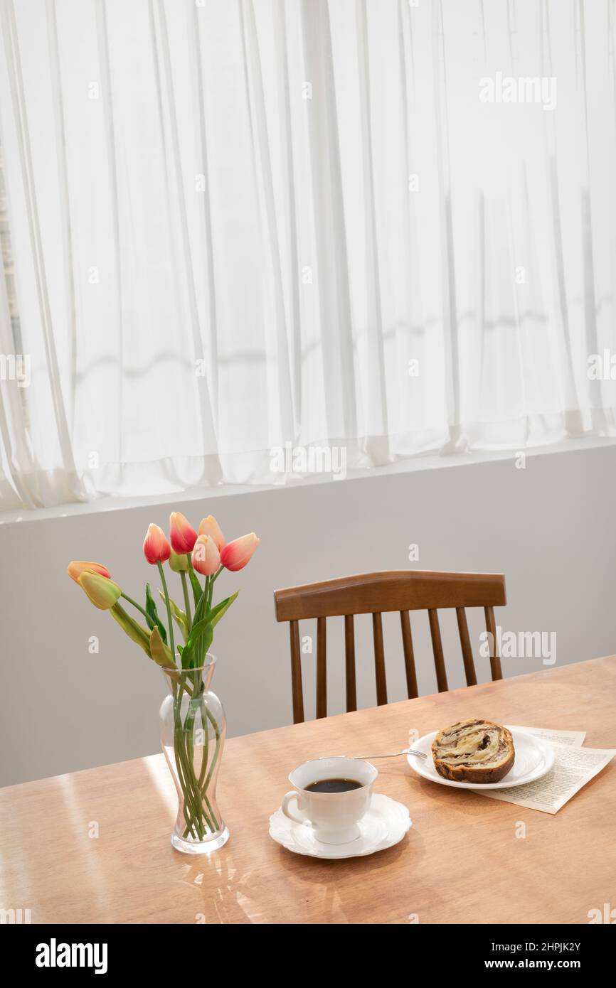 relax cozy objects and background with coffee, vase, bread Stock Photo ...