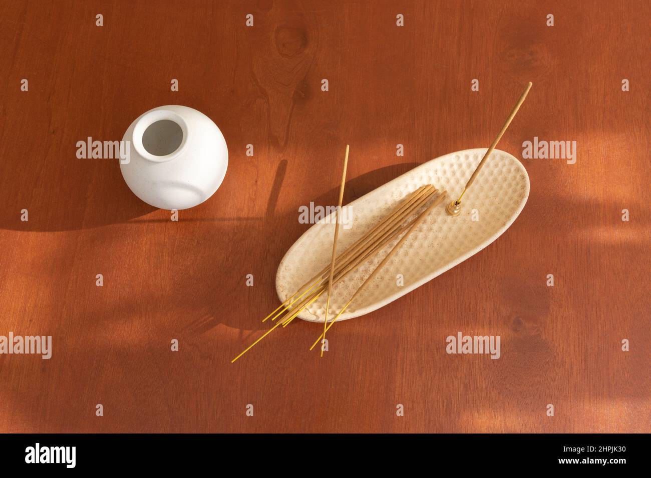 relax cozy objects and background with incense stick, vase, tea Stock ...