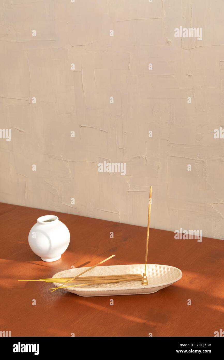 relax cozy objects and background with incense stick, vase, tea Stock ...