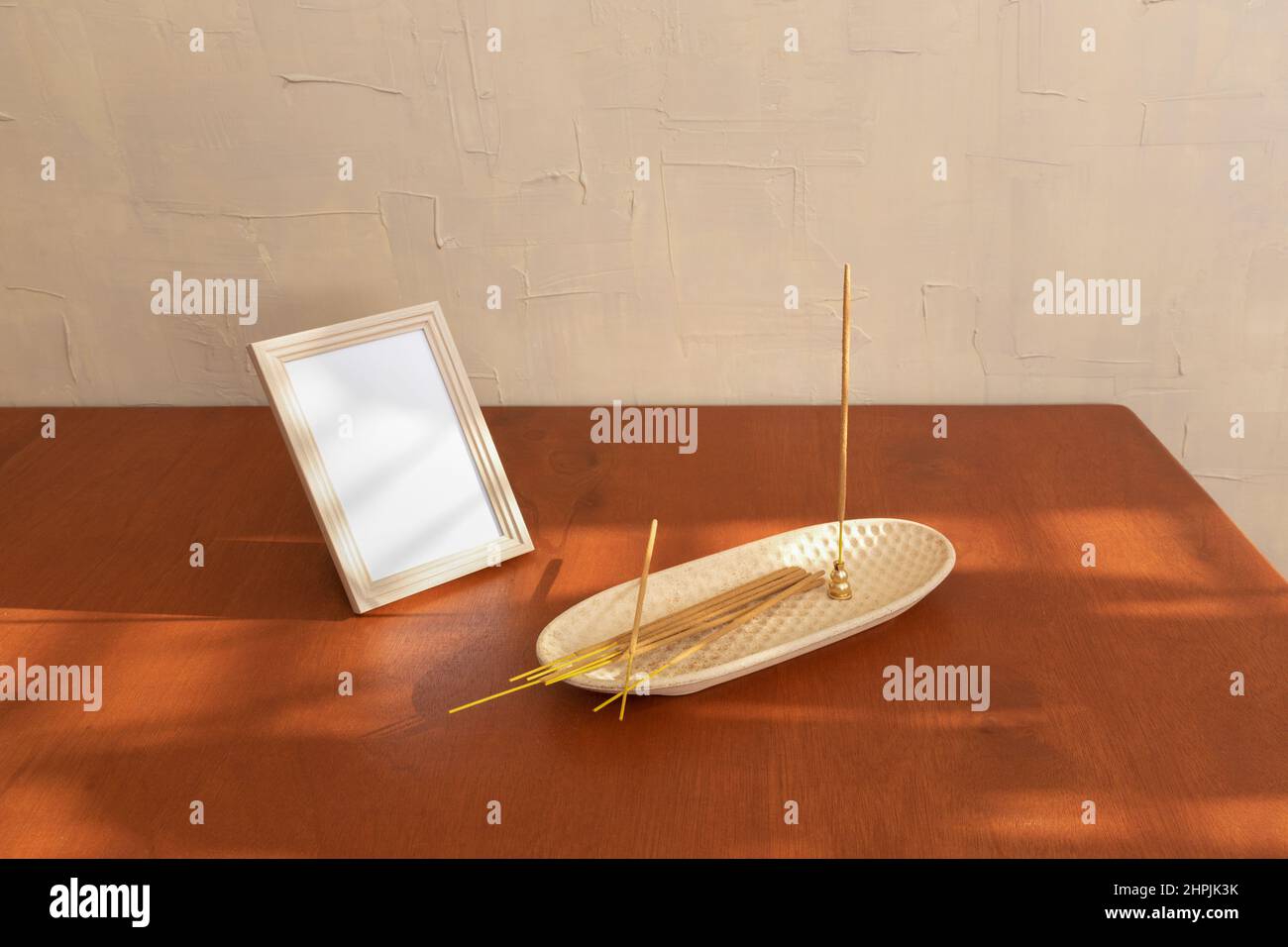 relax cozy objects and background with incense stick, frame Stock Photo ...