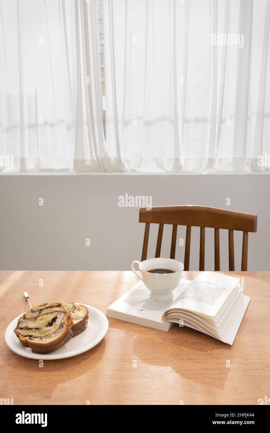 relax cozy objects and background with coffee, vase, bread Stock Photo ...