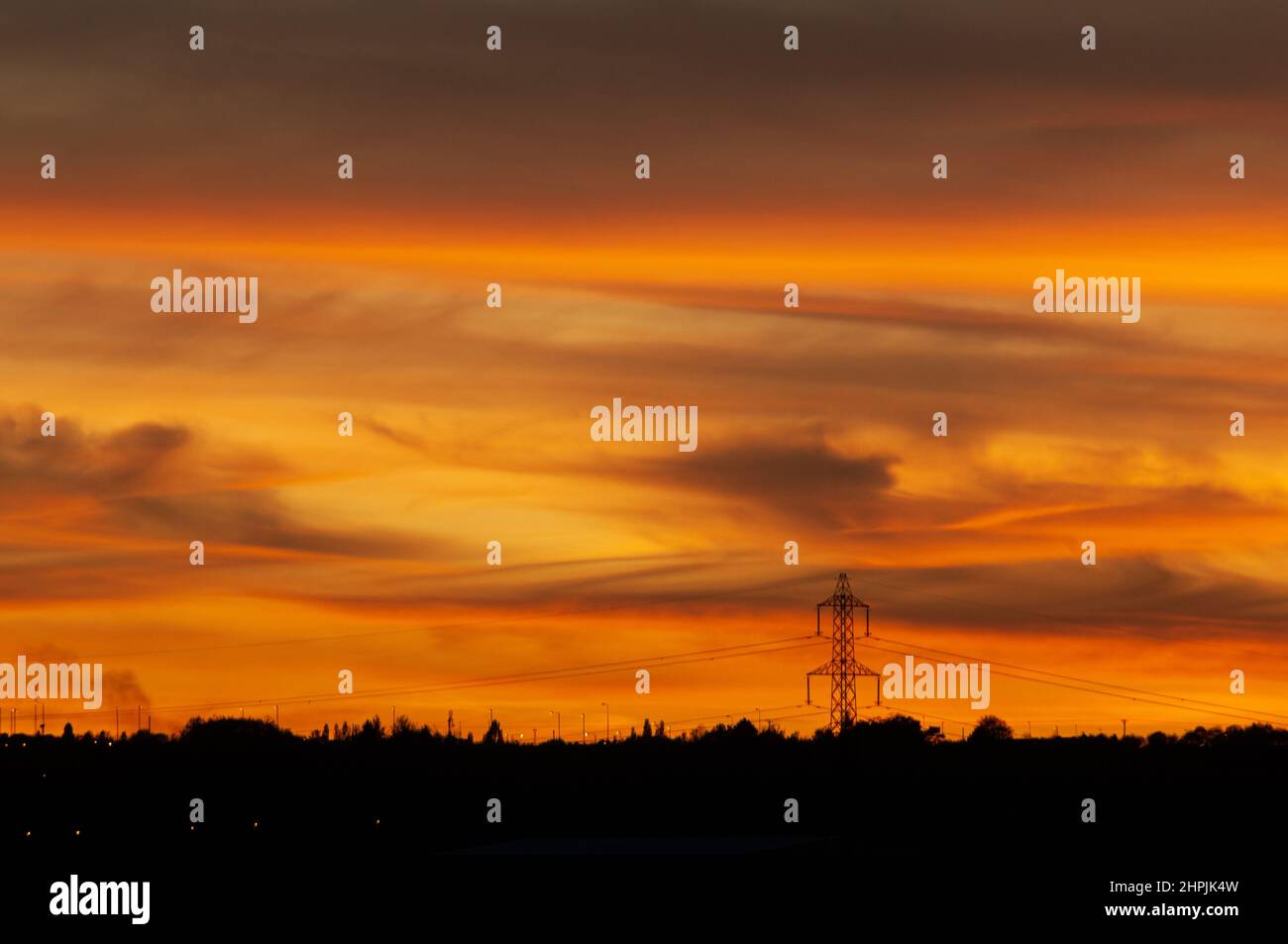 Early morning urban landscape with Powerline Stock Photo - Alamy