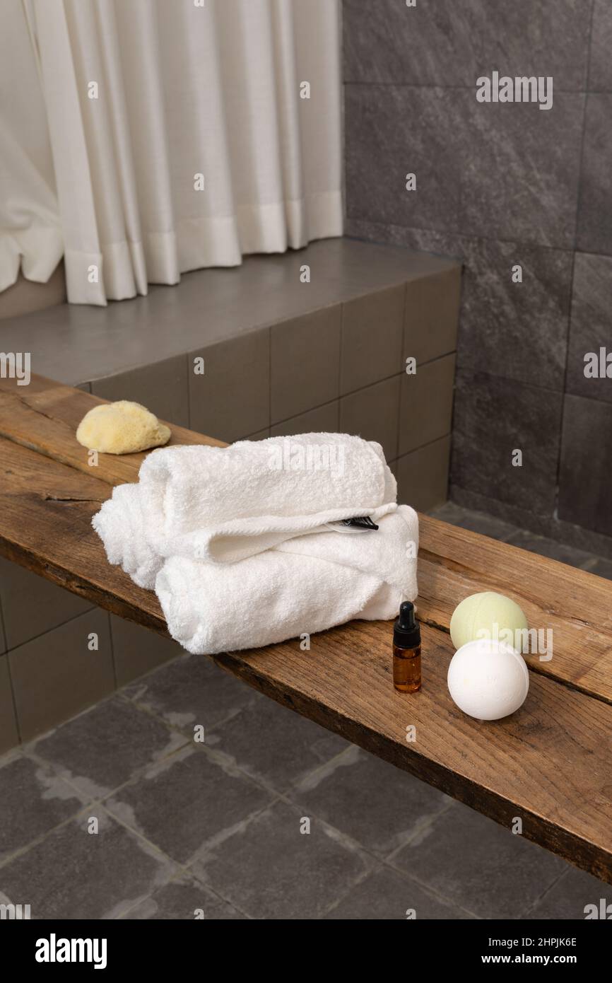 relax cozy objects and background with towel, diffuser, bathtub Stock ...