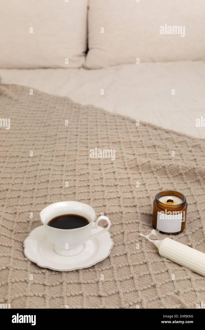 relax cozy objects and background with coffee, candle, bedding Stock ...