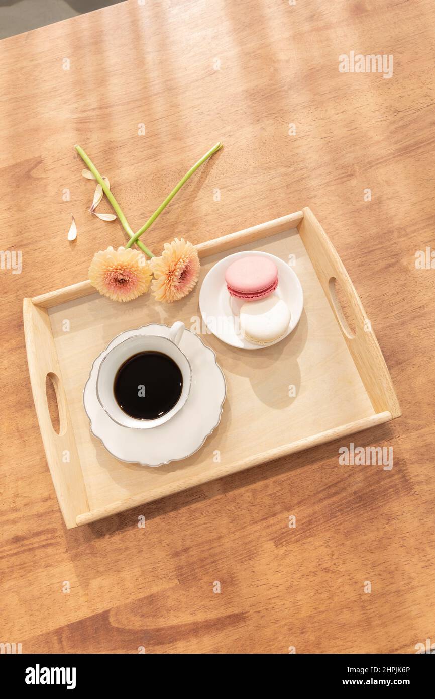 relax cozy objects and background with coffee, macaron, flower Stock ...