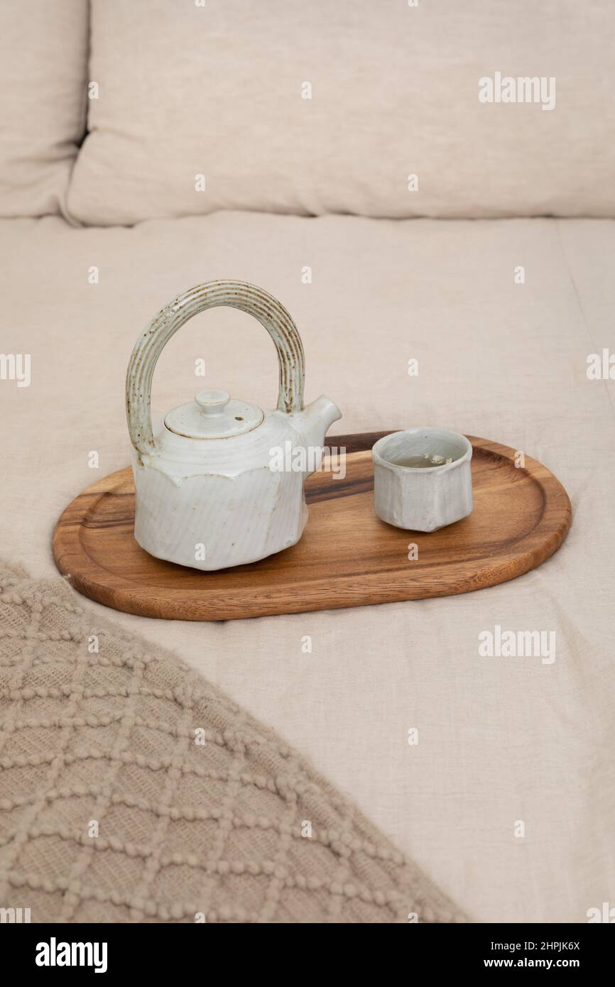 relax cozy objects and background with teapot, tea cup, bedding Stock ...