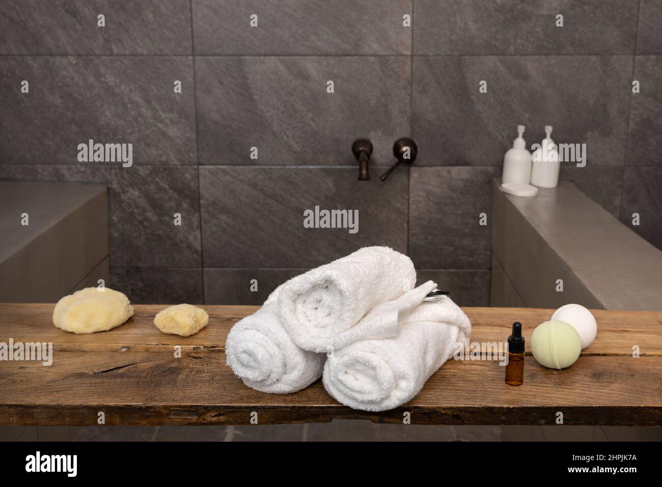 relax cozy objects and background with towel, diffuser, bathtub Stock ...