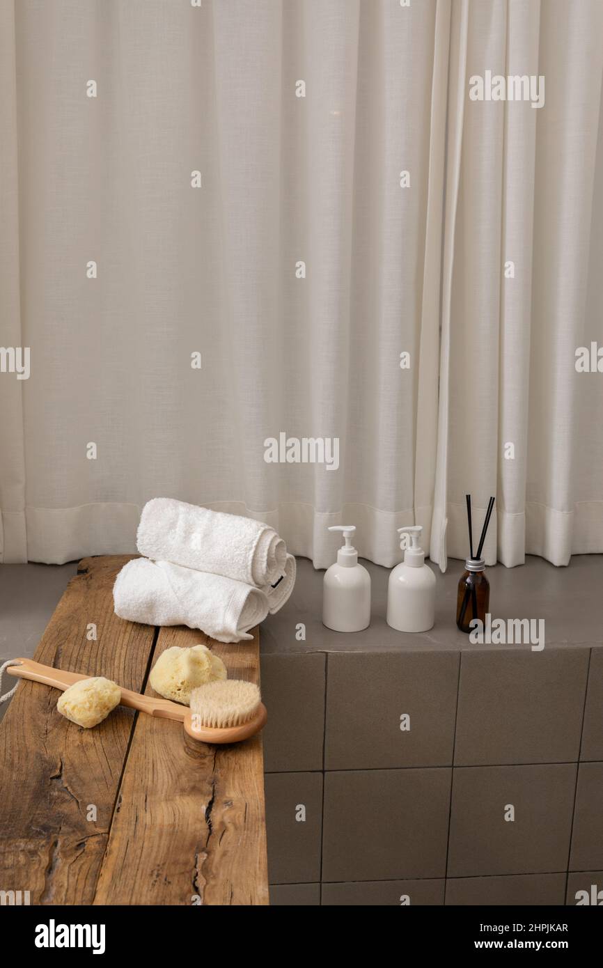 relax cozy objects and background with towel, diffuser, bathtub Stock ...