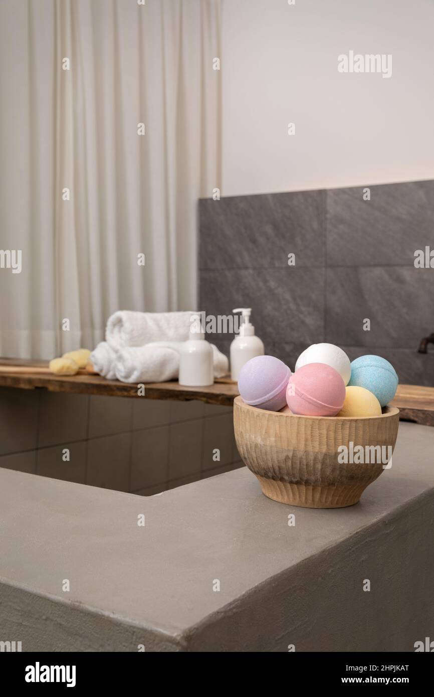 relax cozy objects and background with bath bomb, bathtub Stock Photo ...