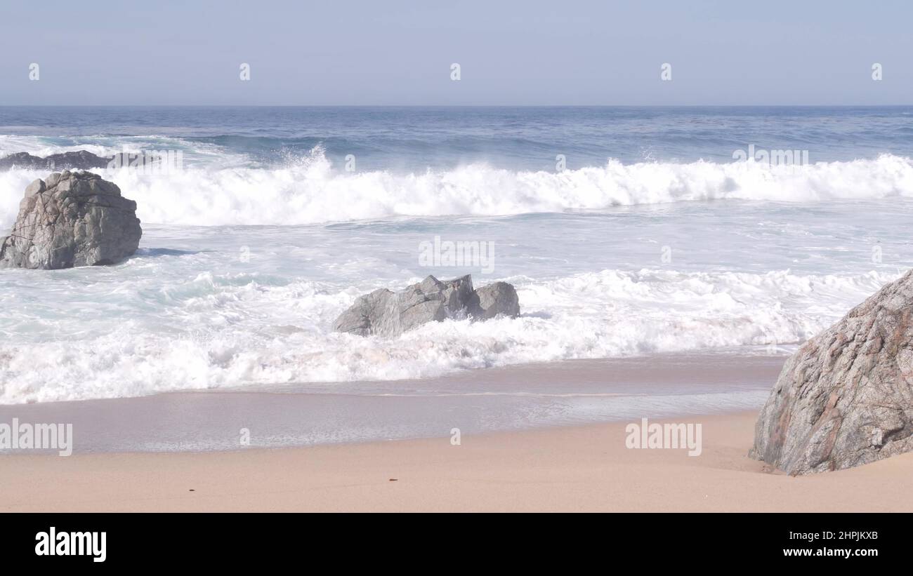 Big huge pacific ocean waves crashing on sandy beach, power of nature ...
