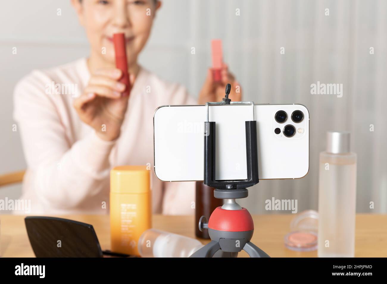 Asian Korean senior woman beauty creator, influencer, vlogger concept ...