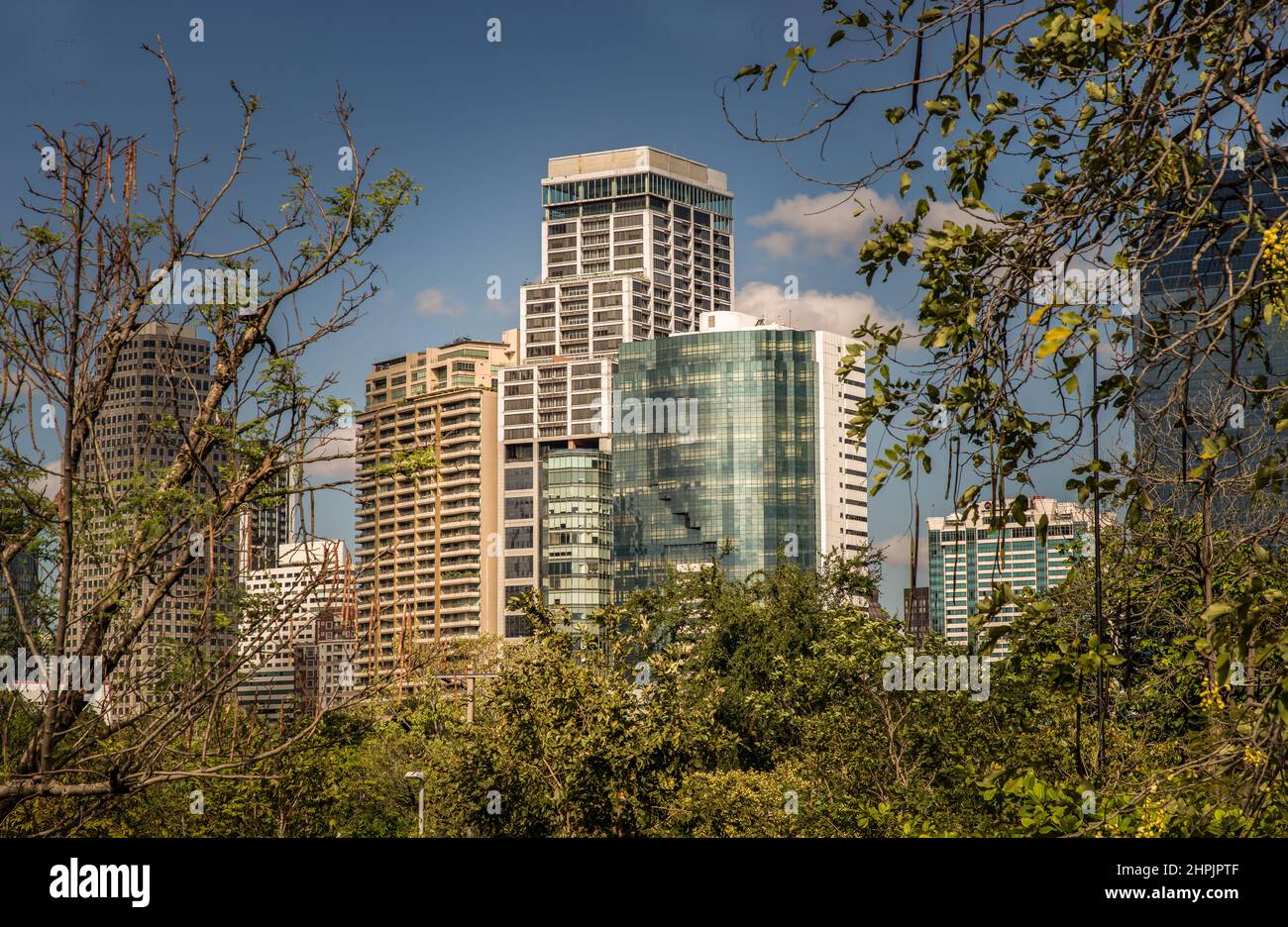 View of Modern high buildings among green trees space in nature against ...