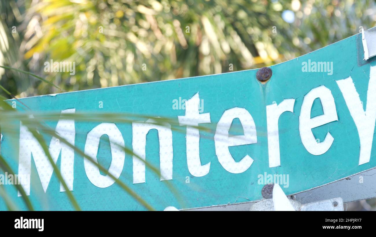 Monterey road sign, California street crossroad, USA. Tourist resort ...