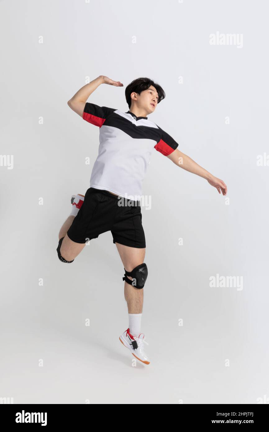 volleyball sports player, asian korean man with spike, spiking attack ...