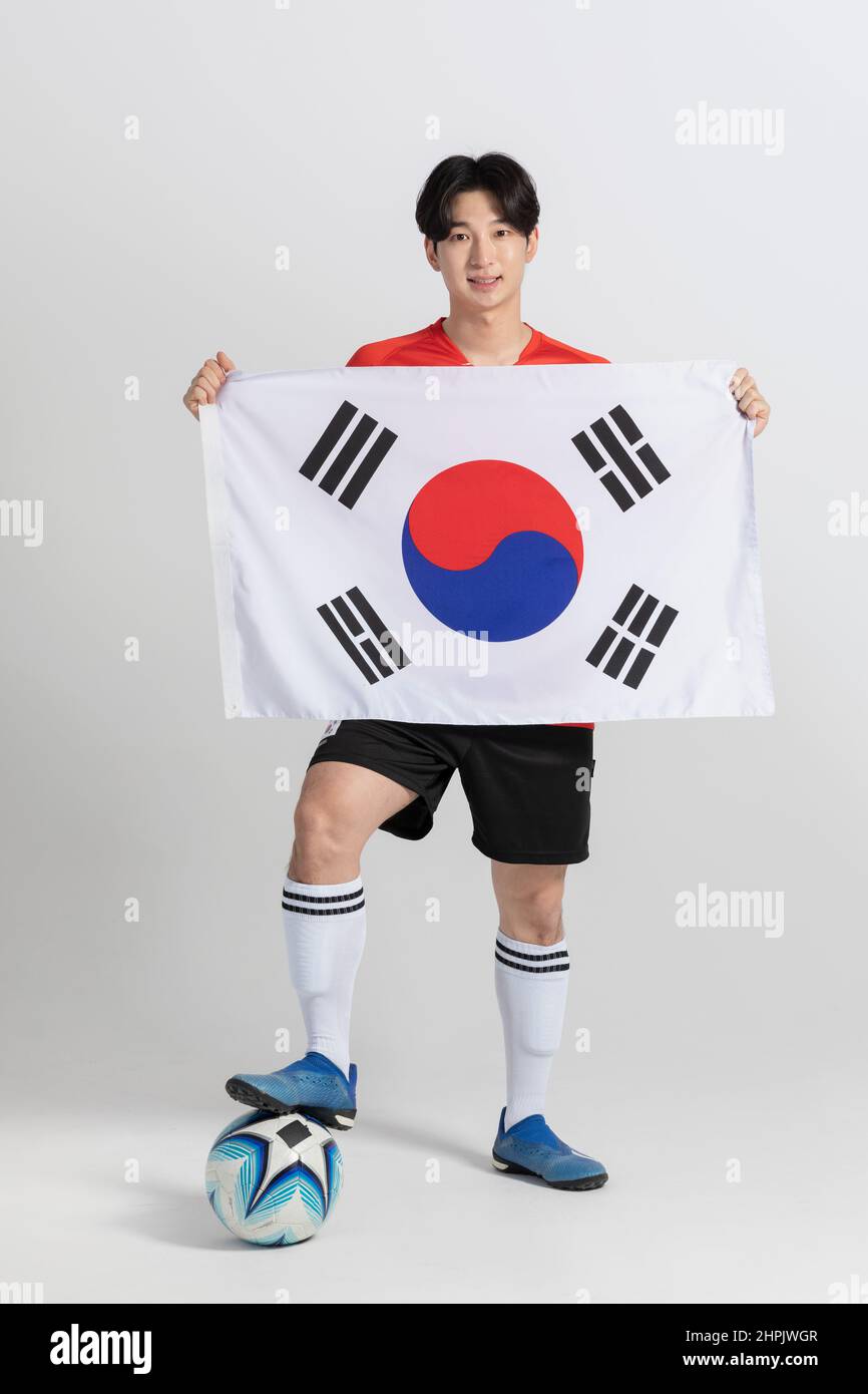 soccer football sports player, asian korean man with motions in studio ...