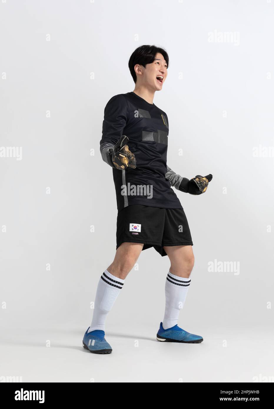 soccer football sports player, asian korean man with motions in studio ...
