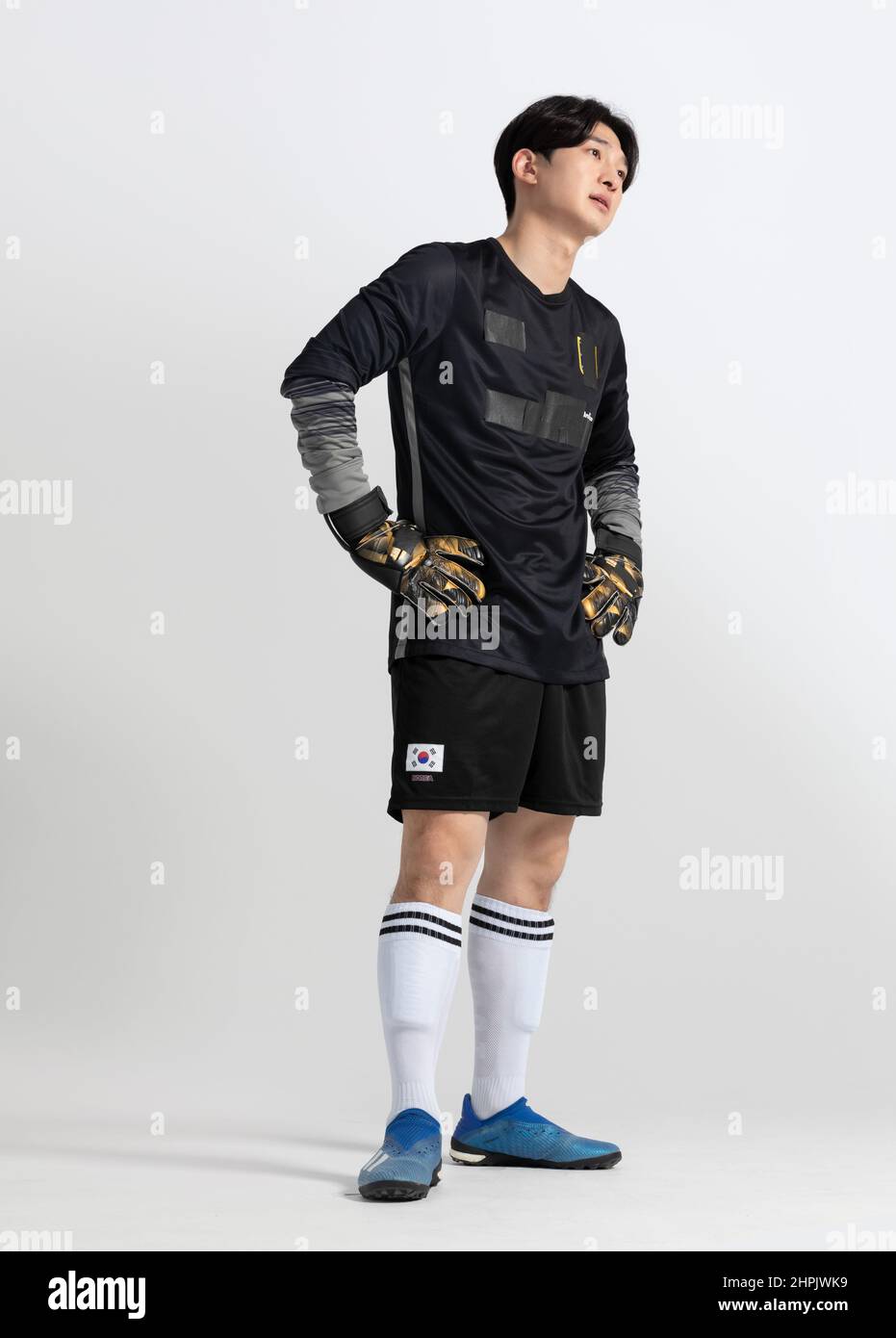 soccer football sports player, asian korean man with motions in studio ...