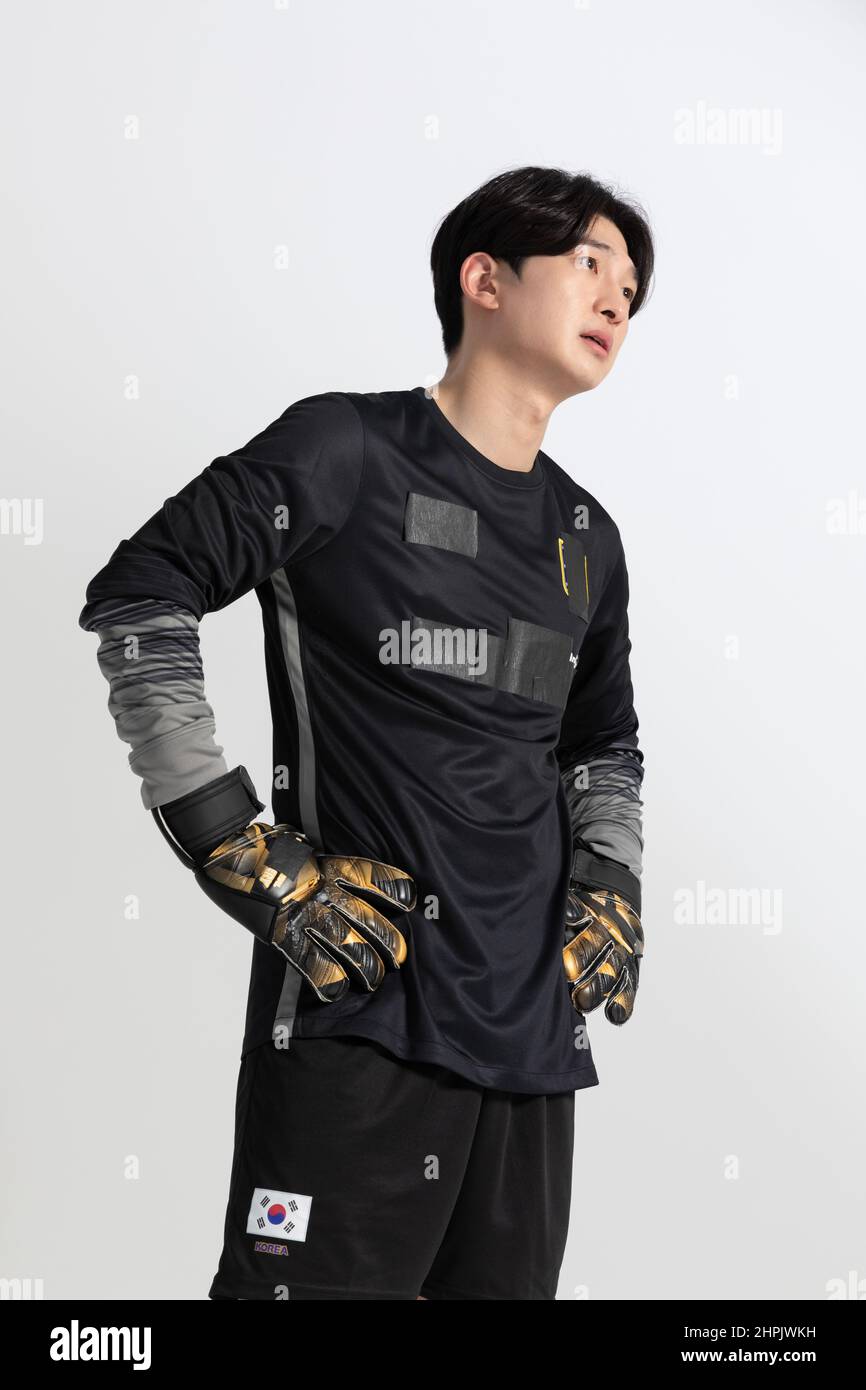 soccer football sports player, asian korean man with motions in studio ...