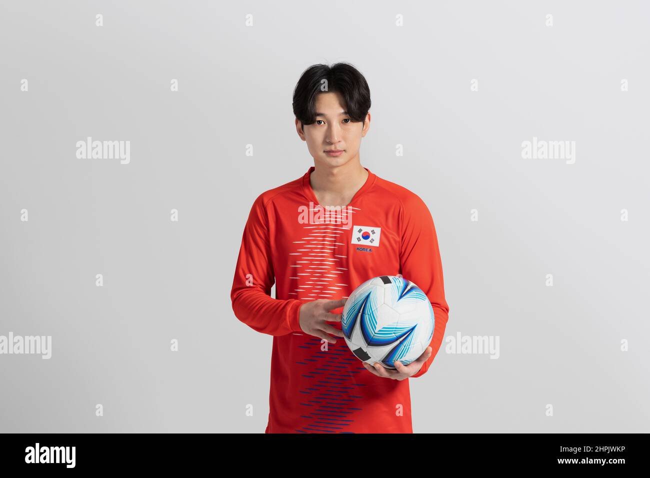 soccer football sports player, asian korean man with motions in studio ...