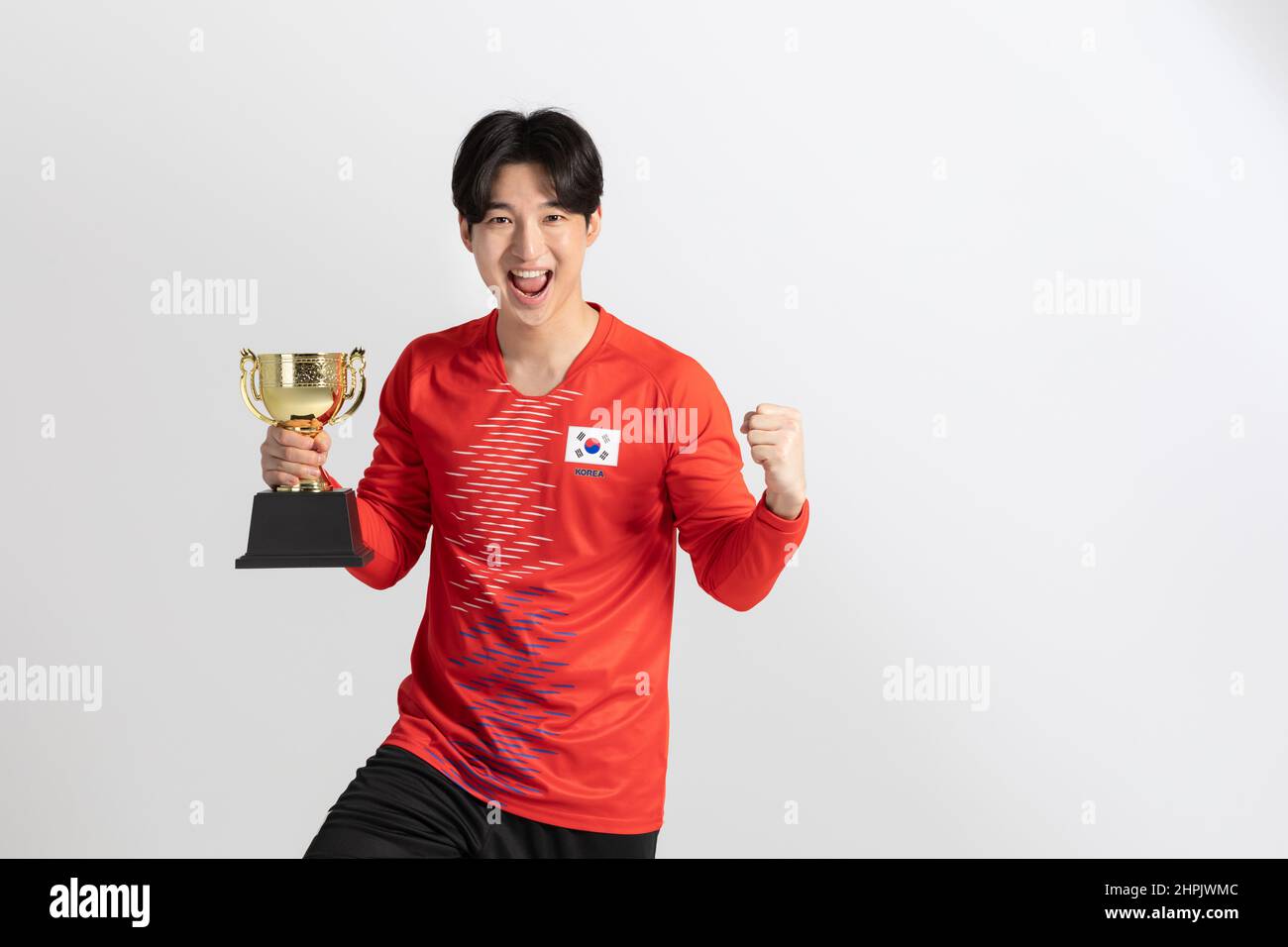 soccer football sports player, asian korean man with motions in studio ...