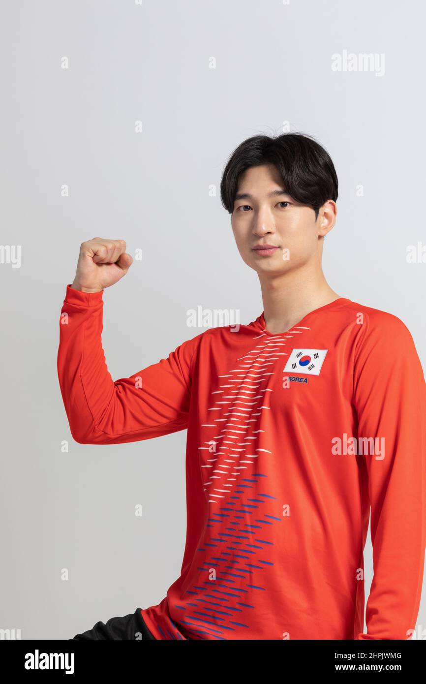 soccer football sports player, asian korean man with motions in studio ...