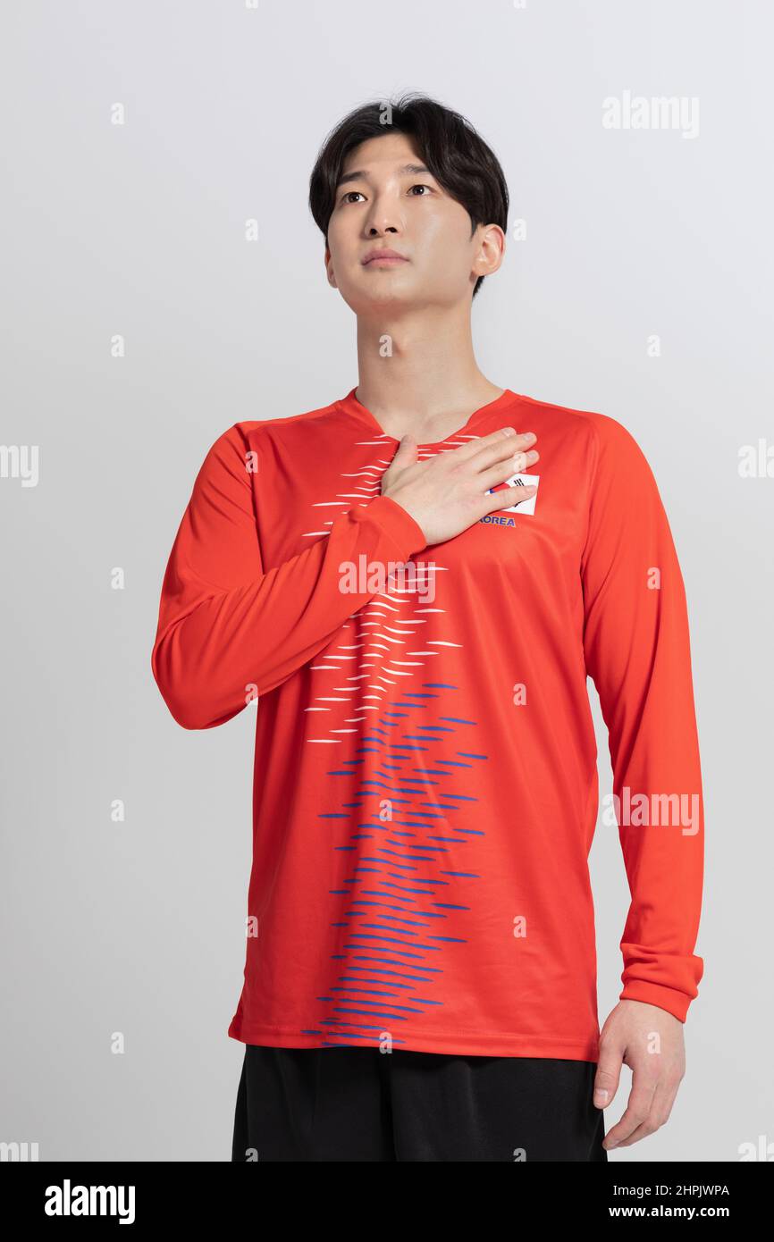 soccer football sports player, asian korean man with motions in studio ...