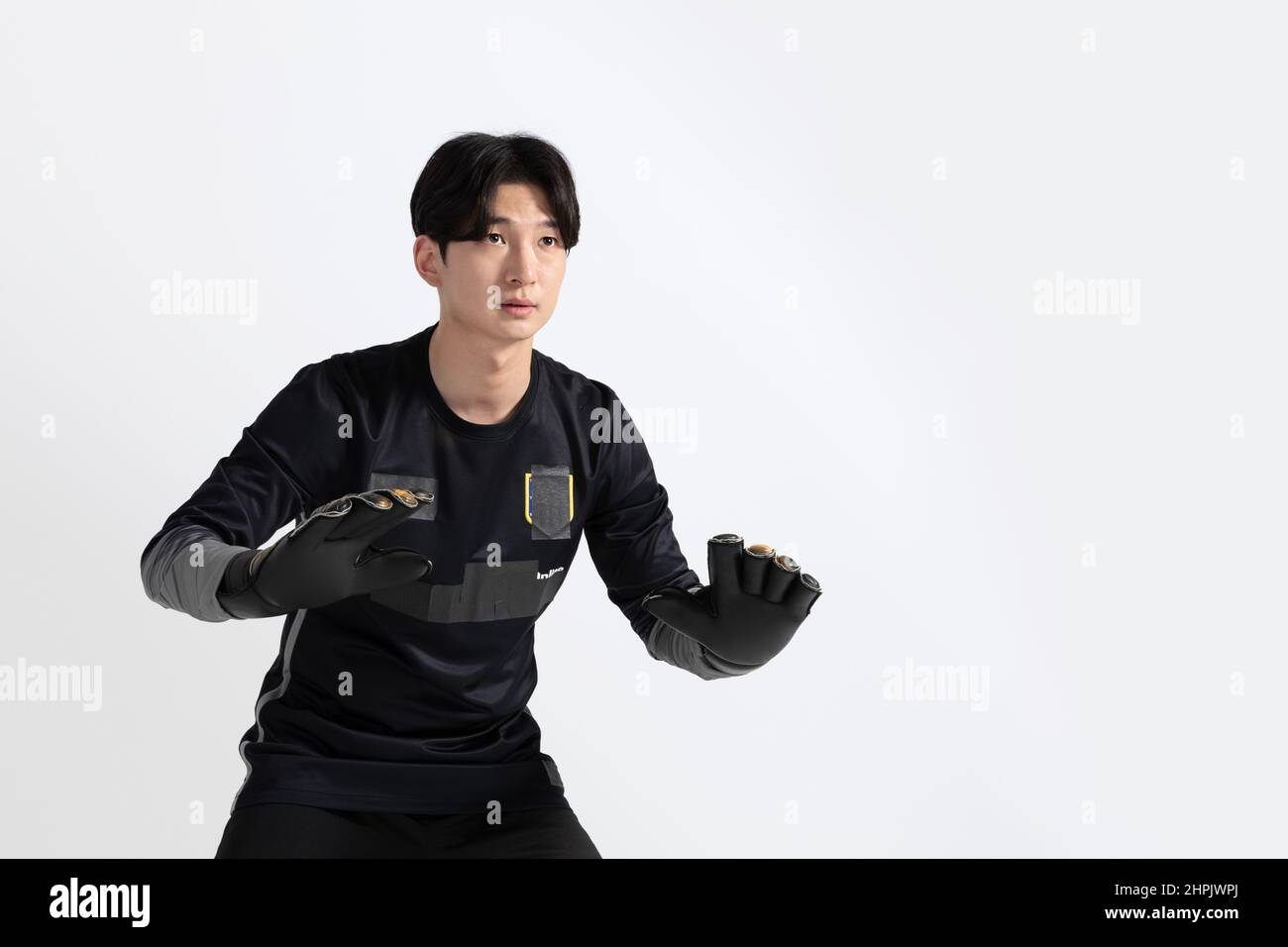 soccer football sports player, asian korean man with motions in studio ...